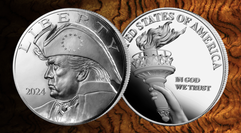 Trump 2024 Silver Coin Flag Embraced With Torch Of Liberty